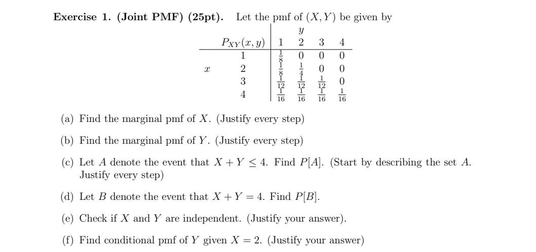 Solved Exercise 1. (Joint PMF) (25pt). Let the pmf of (X,Y) | Chegg.com