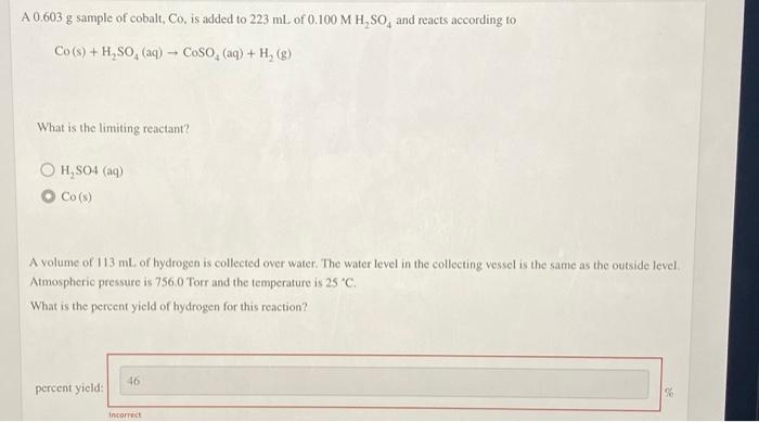 Solved A 0.603 g sample of cobalt, Co. is added to 223 mL of | Chegg.com