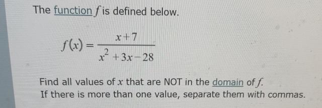 Solved The function f ﻿is defined below.f(x)=x+7x2+3x-28Find | Chegg.com