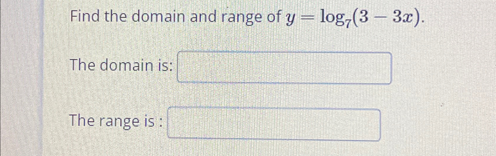 Solved Find the domain and range of y=log7(3-3x).The domain | Chegg.com