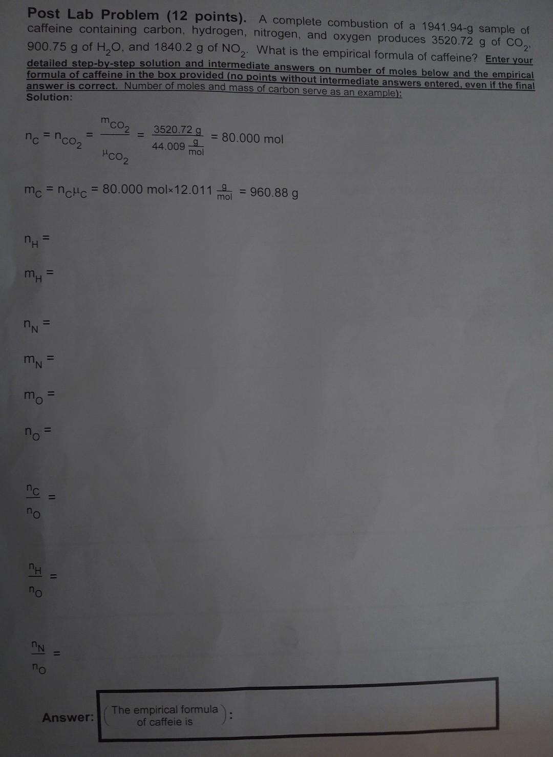 Solved Post Lab Problem (12 points). A complete combustion | Chegg.com