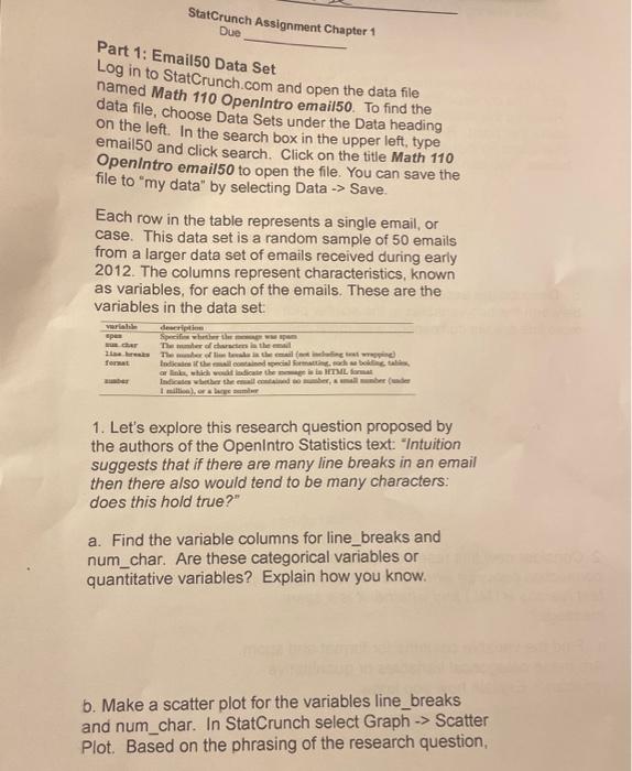 StatCrunch Assignment Chapter 1 Due Part 1: Email50 | Chegg.com