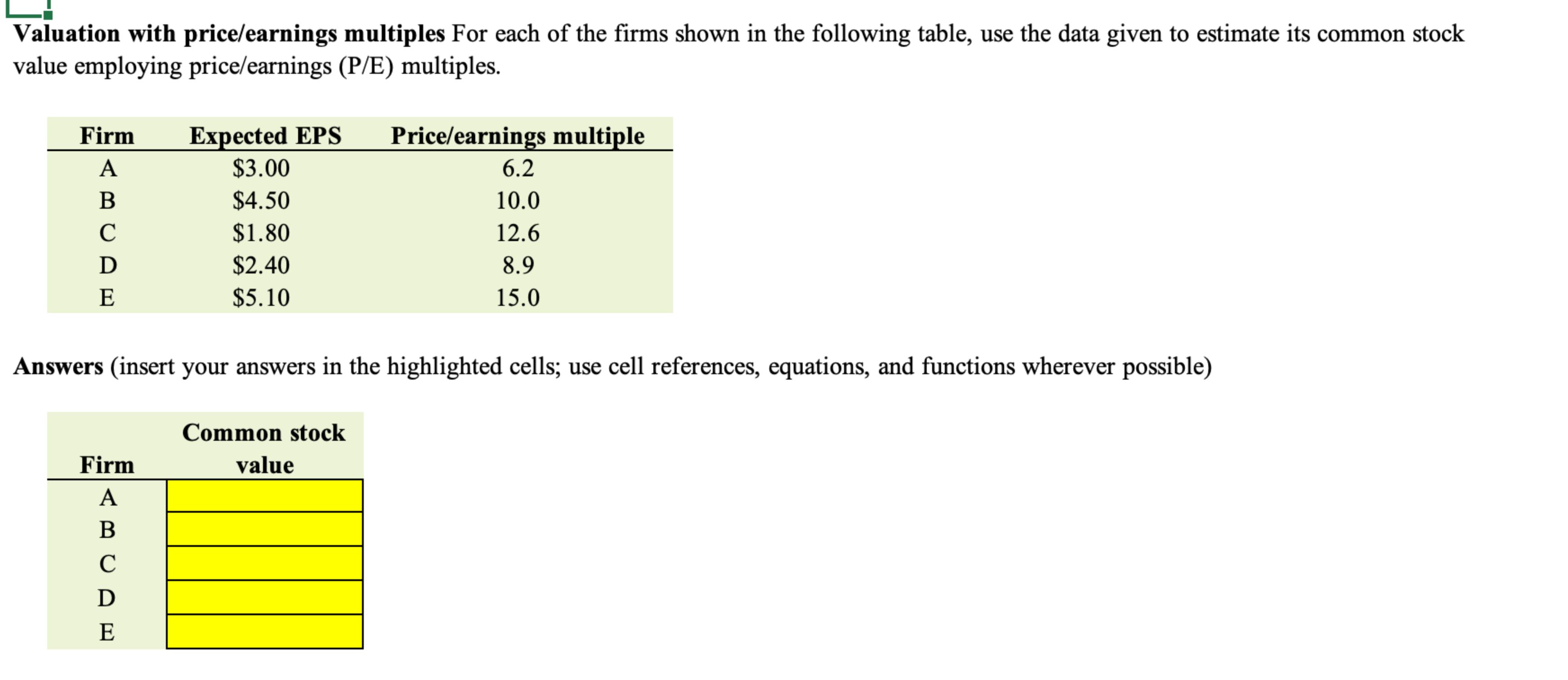Solved Valuation with price/earnings multiples For each of | Chegg.com