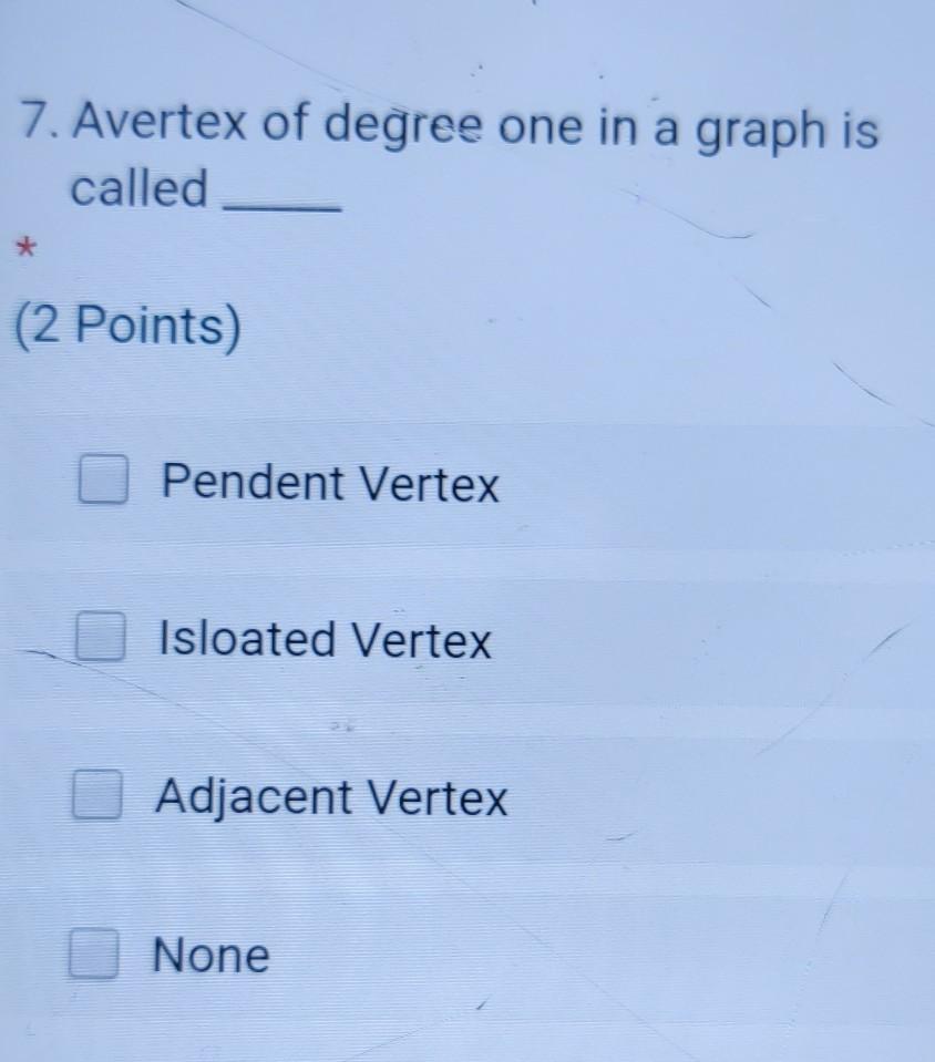 Solved 7. Avertex of degree one in a graph is called * (2 | Chegg.com