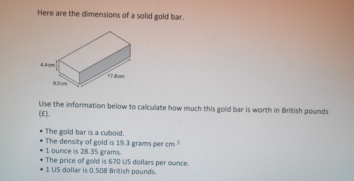 Solved Here are the dimensions of a solid gold bar.Use the | Chegg.com