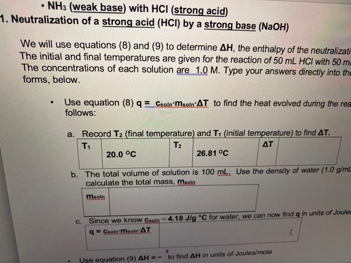 Solved • NH3 (weak base) with HCl (strong acid) 1. | Chegg.com