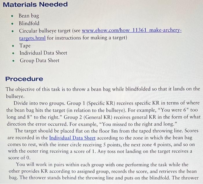 Solved Materials Needed - Bean bag - Blindfold - Circular | Chegg.com