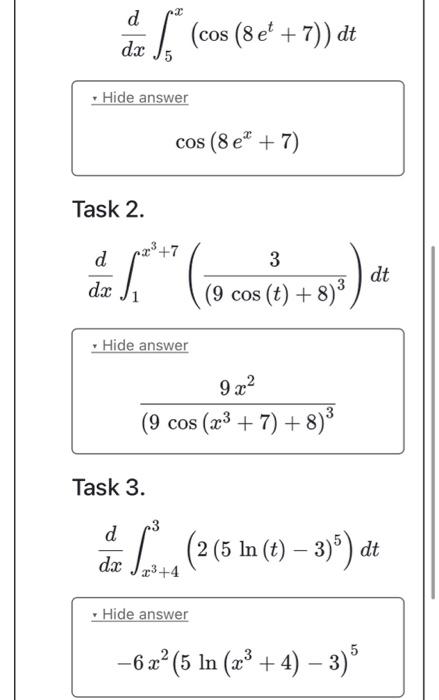 Solved dxd∫5x(cos(8et+7))dt - Hide answer cos(8ex+7) Task 2. | Chegg.com