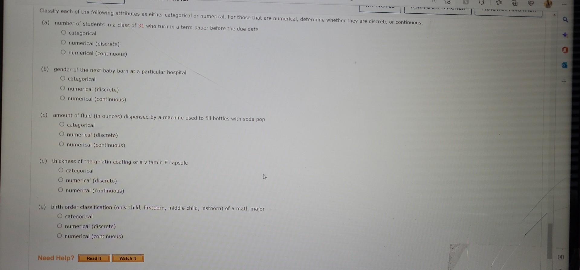 Solved Classify Each Of The Following Attributes As Either