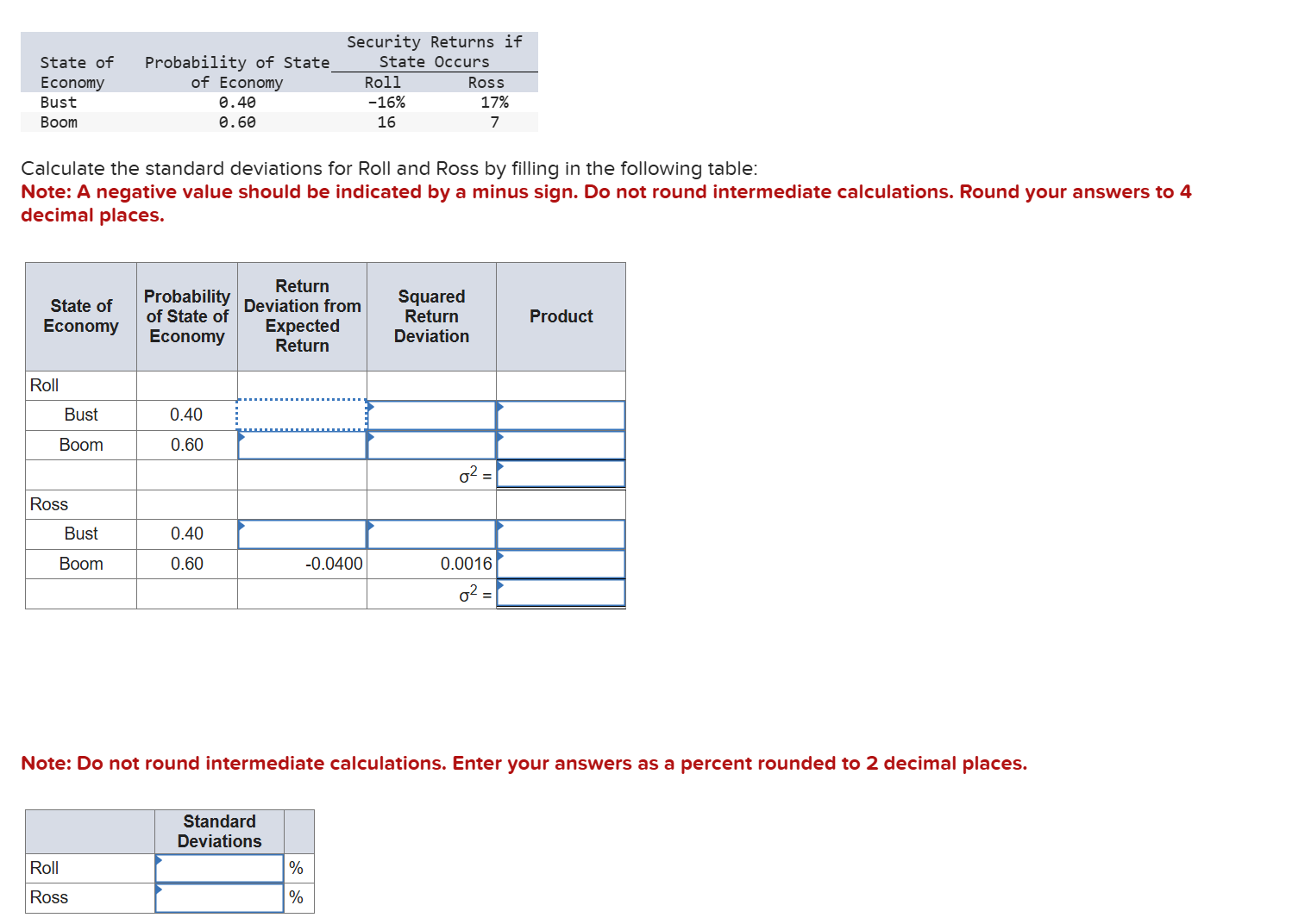 Solved Calculate the standard deviations for Roll and Ross | Chegg.com