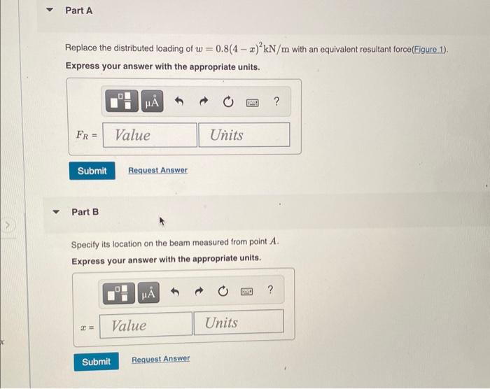 Solved Replace the distributed loading of w=0.8(4−x)2kN/m | Chegg.com