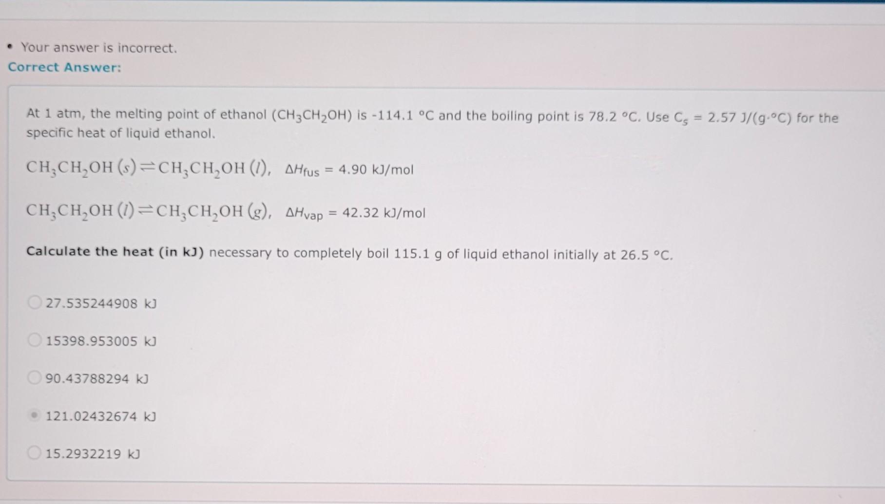 Solved At 1 atm, the melting point of ethanol (CH3CH2OH) is | Chegg.com