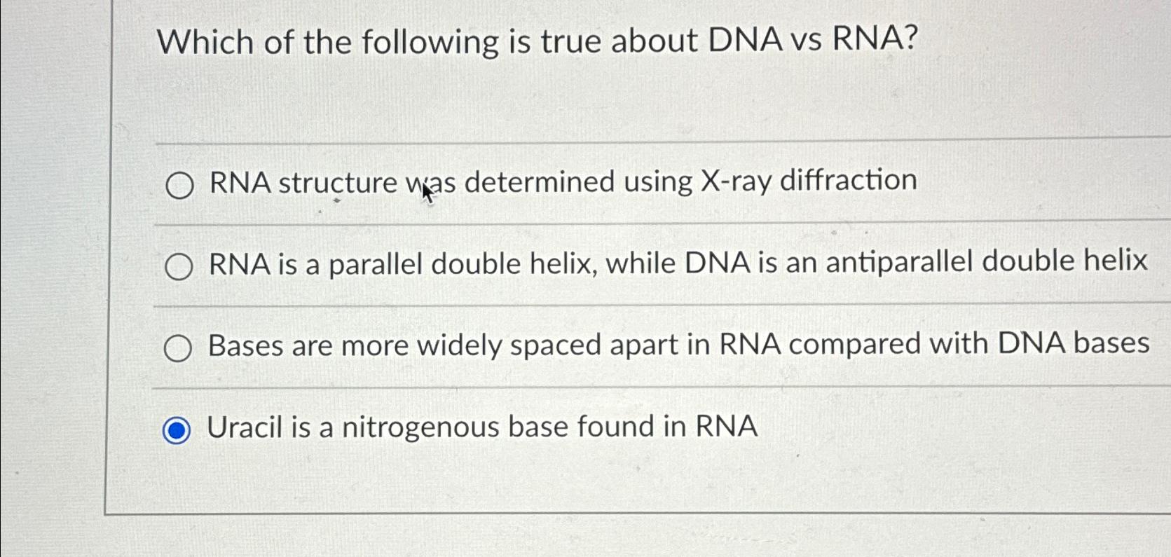 Solved Which of the following is true about DNA vs RNA?RNA | Chegg.com
