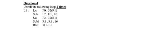 Solved Question 4 Unroll the following loop 2 times LI: Lw | Chegg.com