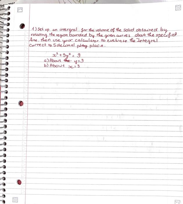 Solved 1) Set up an intergnal for the volume of the solud | Chegg.com