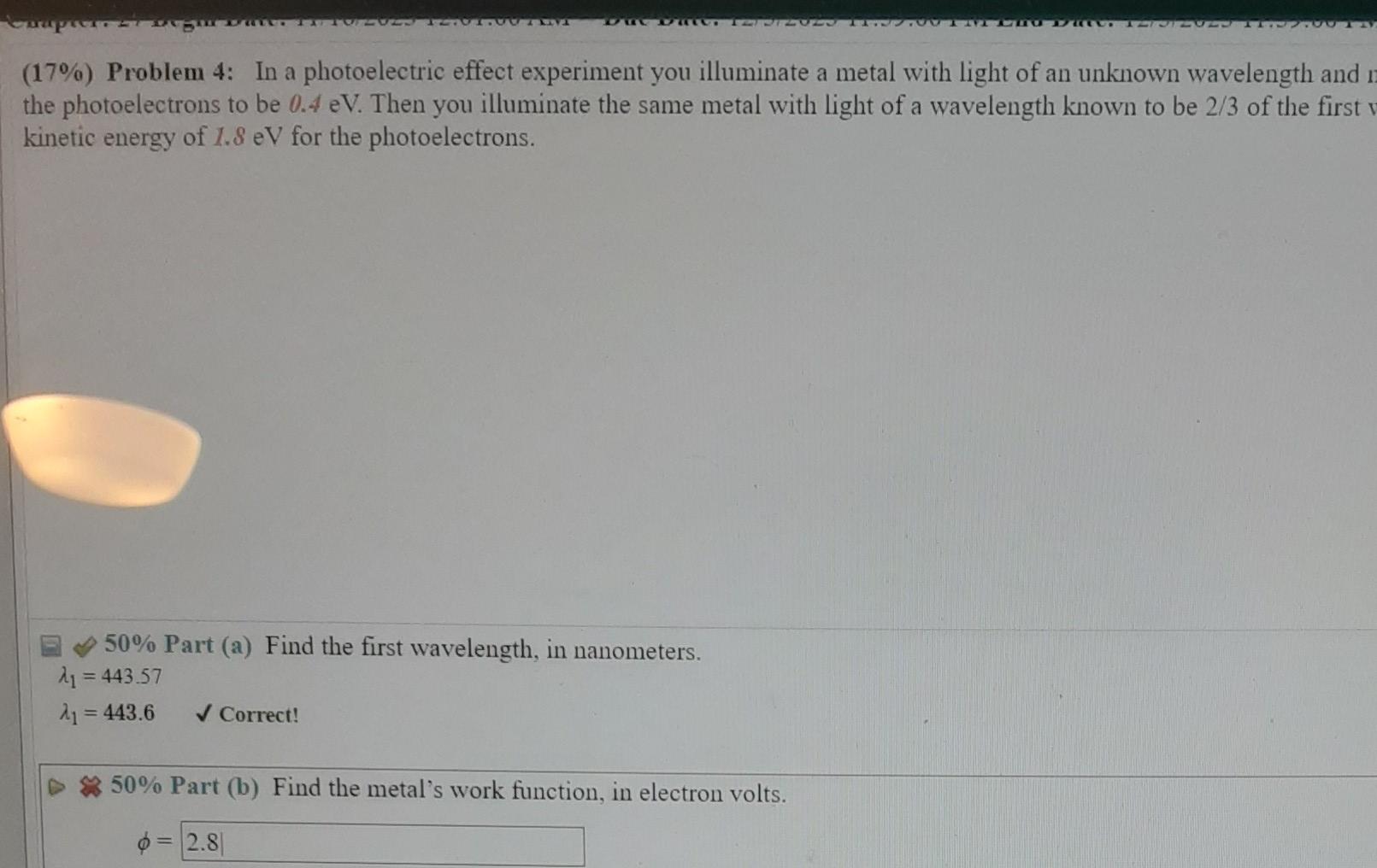 Solved (17%) Problem 4: In a photoelectric effect experiment | Chegg.com