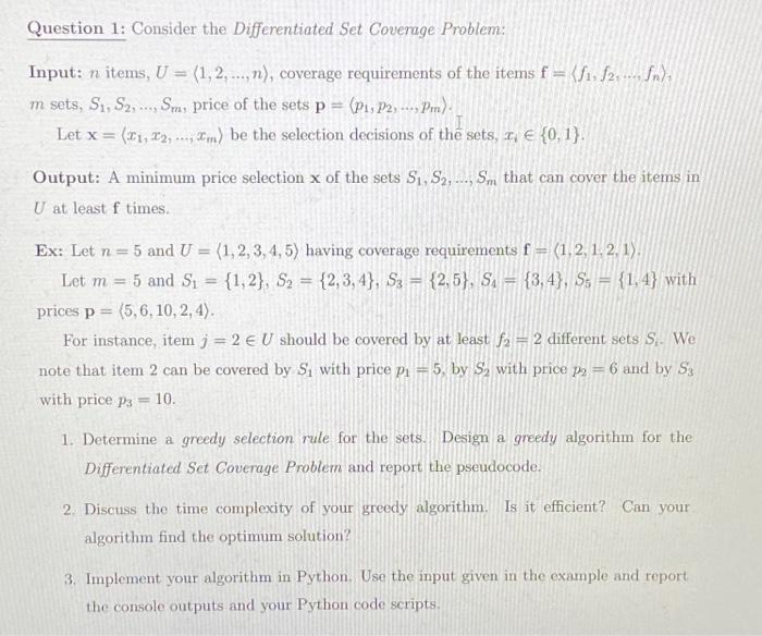 Solved Question 1: Consider the Differentiated Set Coverage | Chegg.com