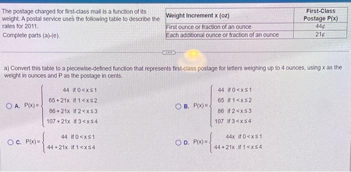 Solved The postage charged for first-class mail is a | Chegg.com