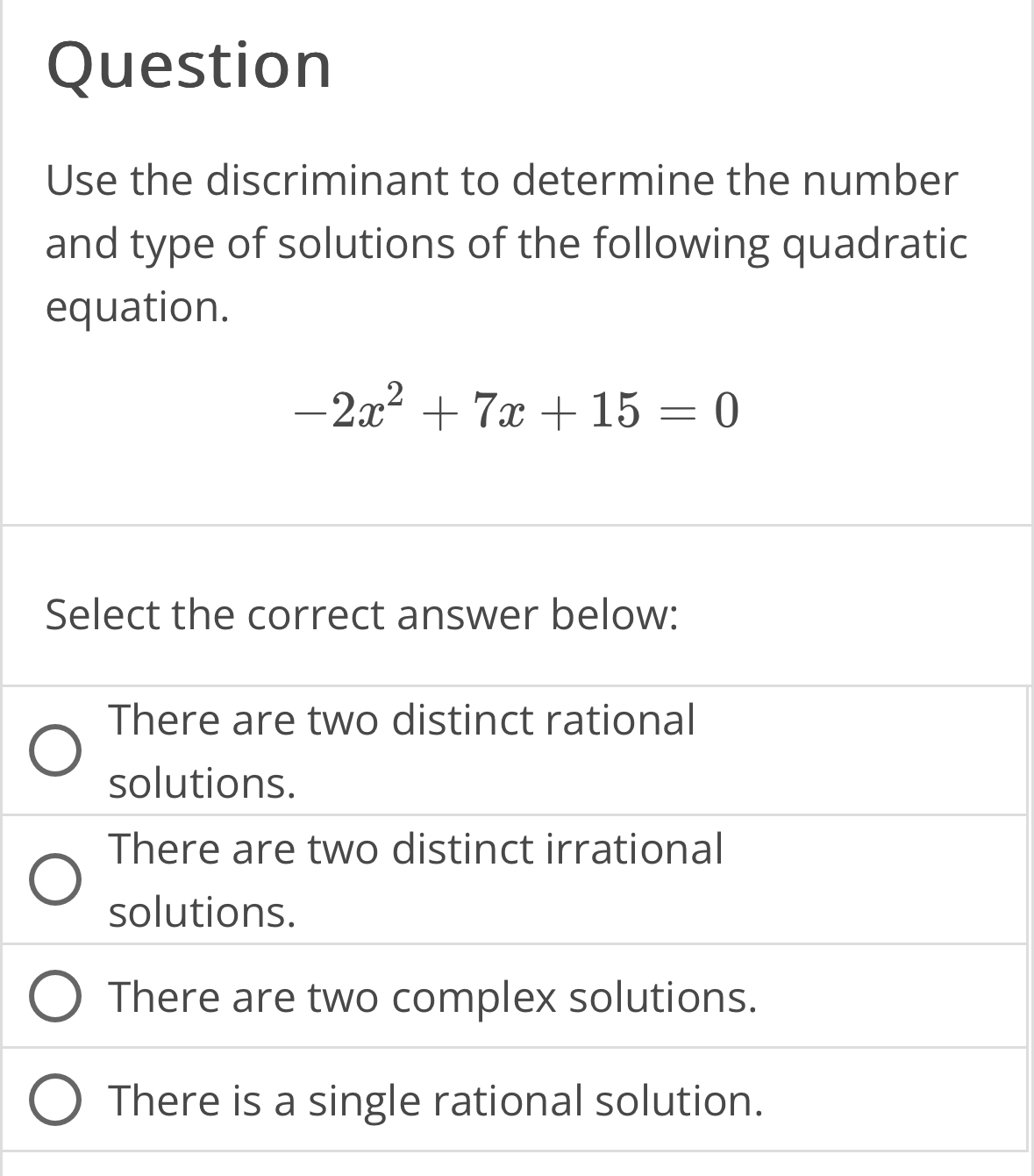 Solved QuestionUse the discriminant to determine the number | Chegg.com