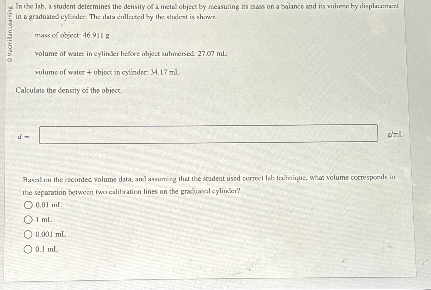 Solved In the lab, a student determines the density of a | Chegg.com