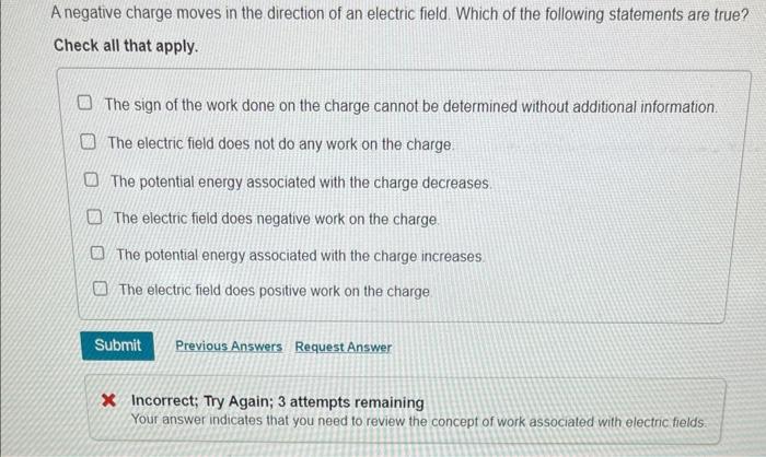 Solved A negative charge moves in the direction of an | Chegg.com