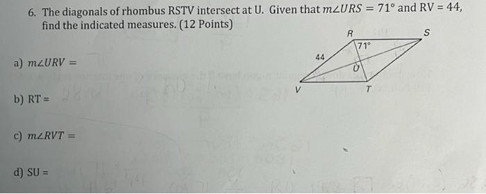 Solved The diagonals of rhombus RSTV intersect at U. Given | Chegg.com
