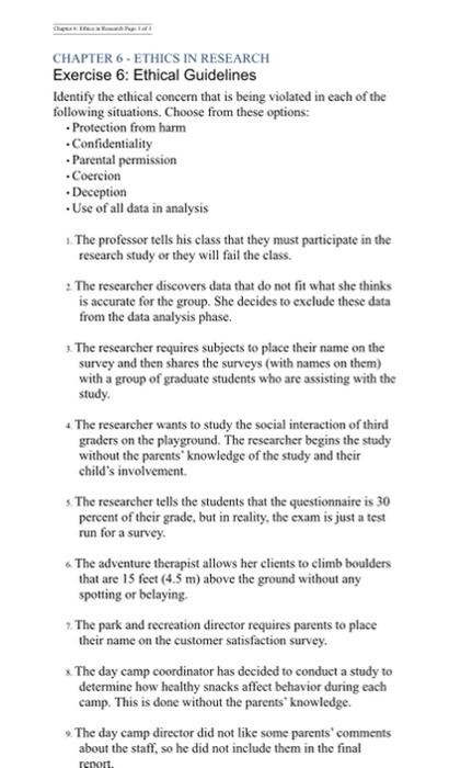 Solved CHAPTER 6 - ETHICS IN RESEARCH Exercise 6: Ethical | Chegg.com