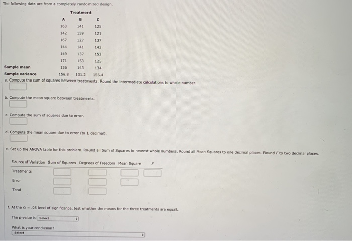 Solved The following data are from a completely randomized | Chegg.com