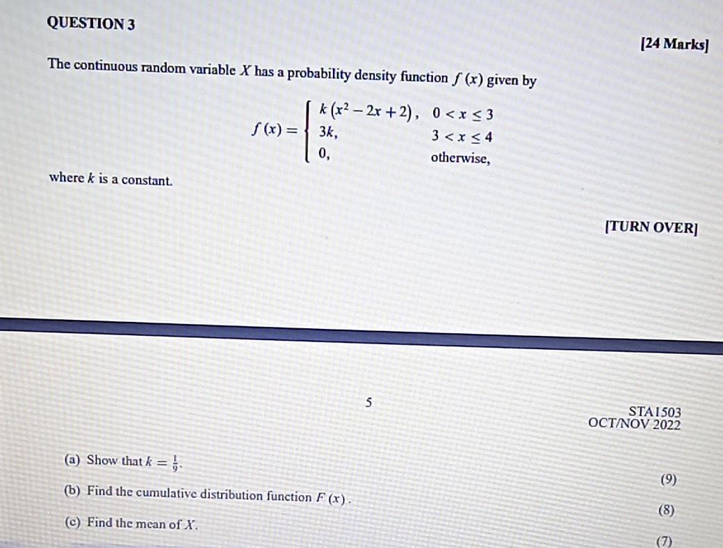Solved 24 Marks The Continuous Random Variable X Has A 7298
