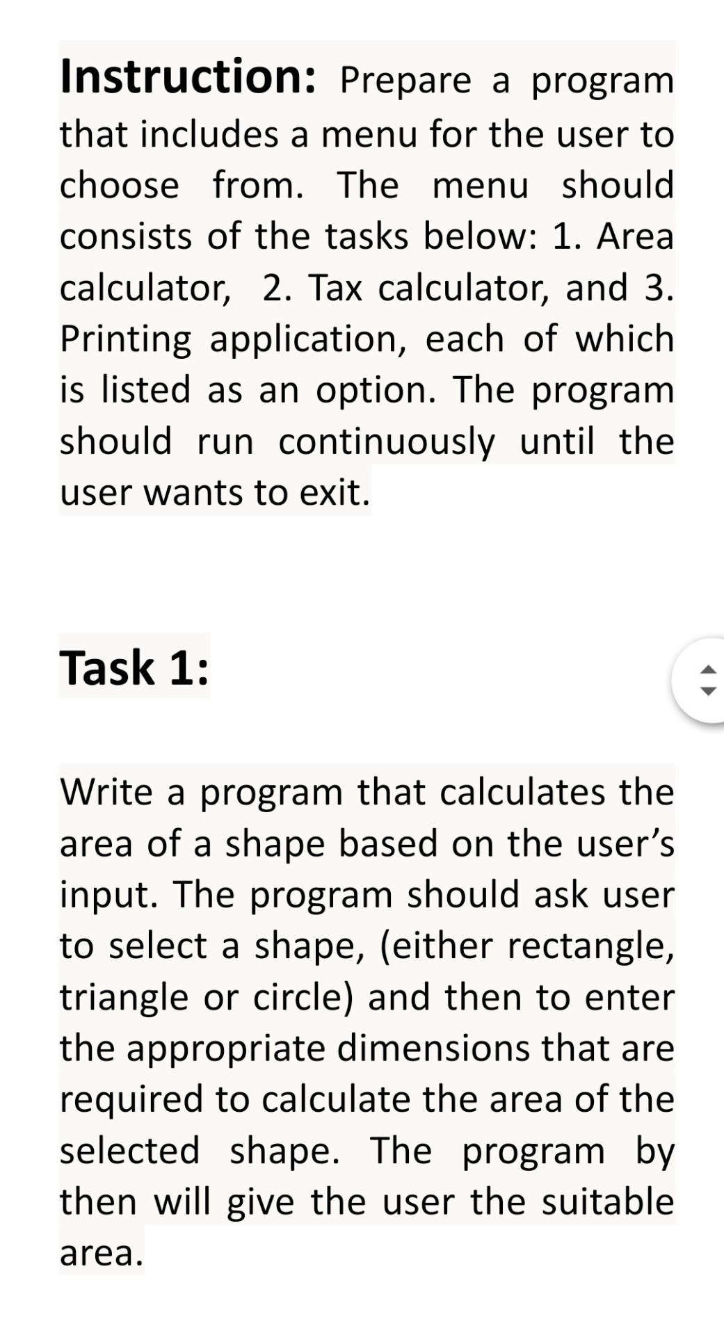 Solved Instruction: Prepare a program that includes a menu | Chegg.com