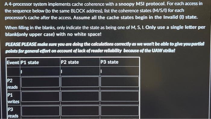 Solved A 4-processor system implements cache coherence with | Chegg.com