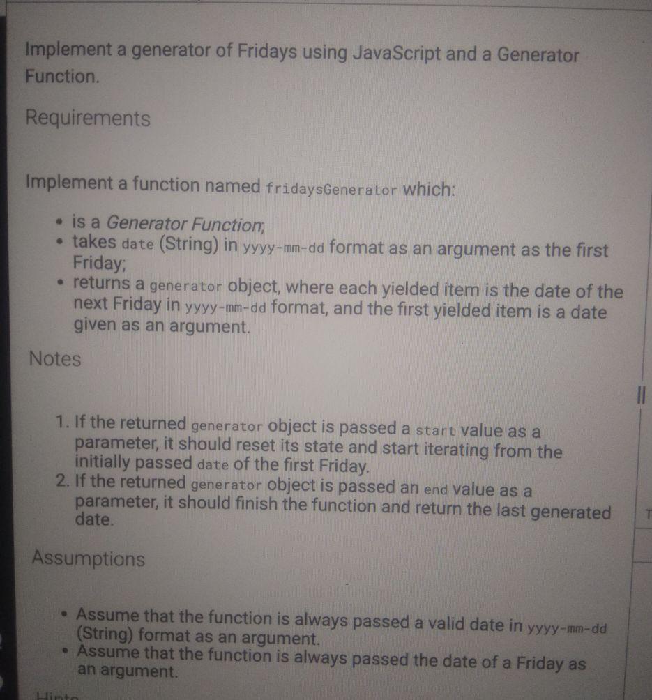Solved Implement a generator of Fridays using JavaScript and | Chegg.com