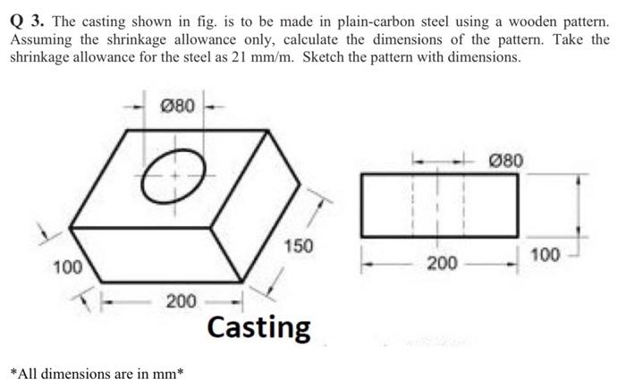 Solved Q 3. The casting shown in fig. is to be made in | Chegg.com