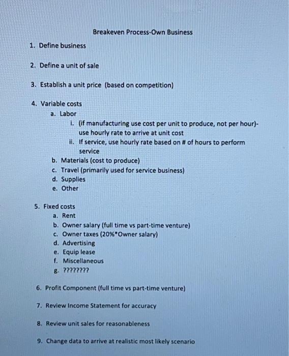 Solved Breakeven Analysis (Use the Breakeven Process-Own | Chegg.com