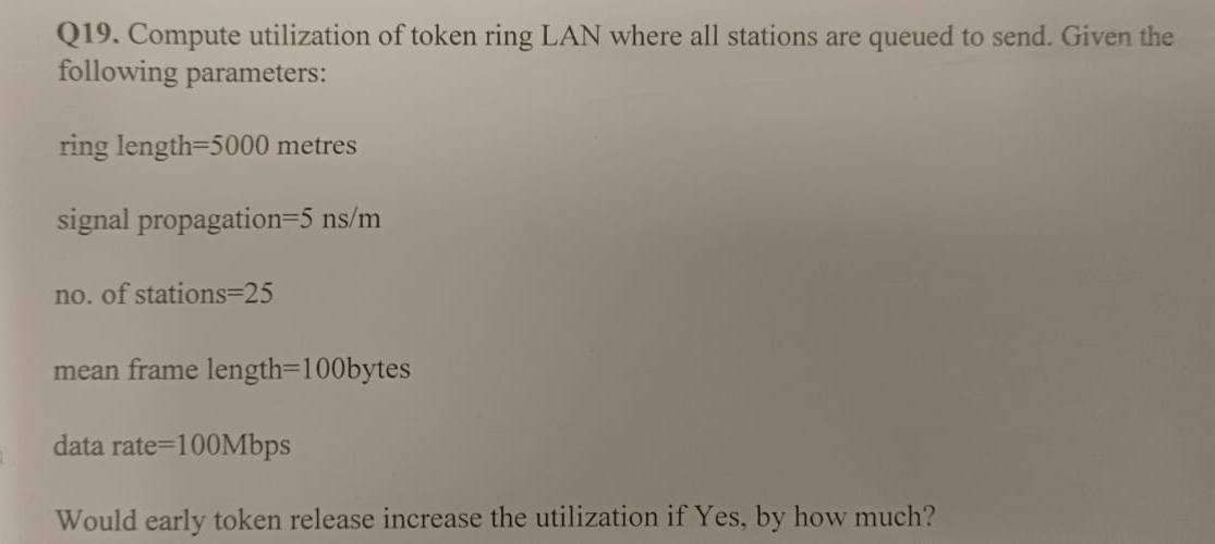 Solved Q19. ﻿Compute utilization of token ring LAN where all | Chegg.com