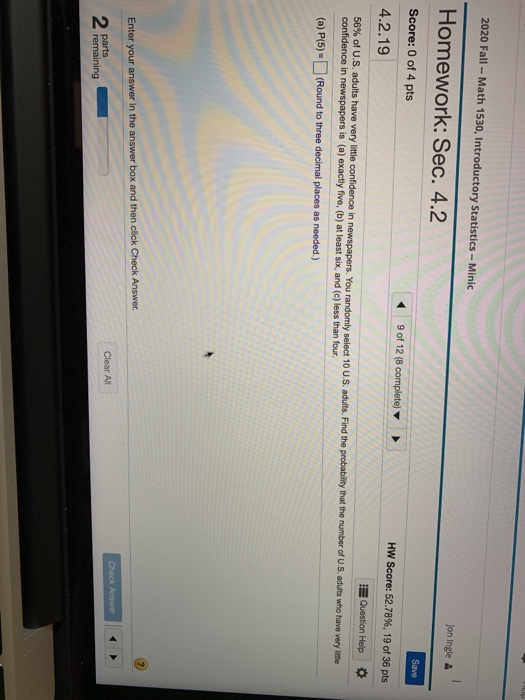 Solved 2020 Fall -- Math 1530, Introductory Statistics -- | Chegg.com