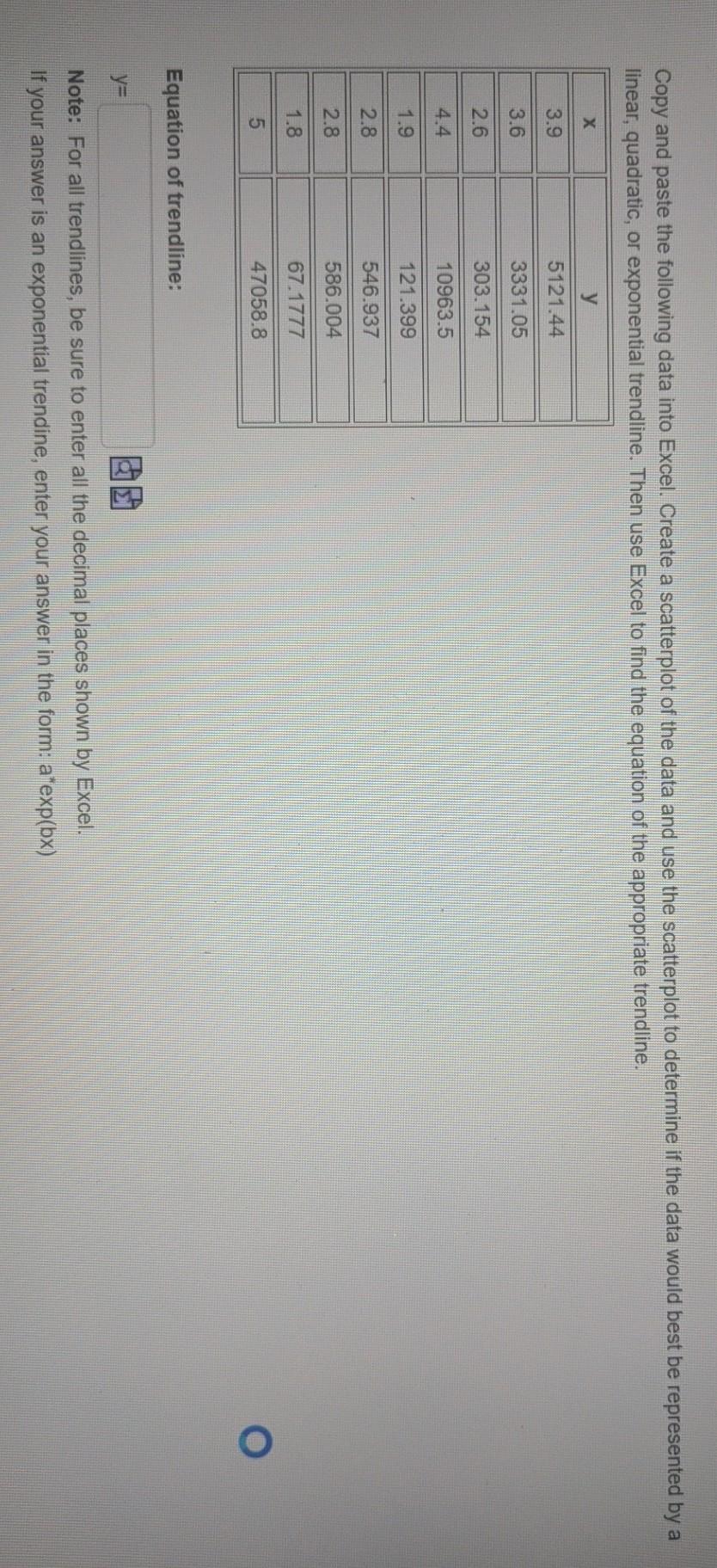Solved Copy and paste the following data into Excel. Create | Chegg.com