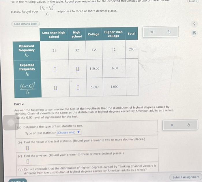 Fill in the missing values in the table. Round your | Chegg.com