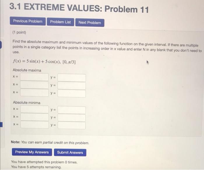 Solved 3.1 EXTREME VALUES: Problem 10 Previous Problem | Chegg.com