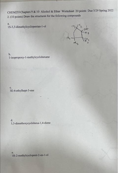 Solved CHEM253 Chapter 9 & 10 Alcohol & Ether Worksheet 20 | Chegg.com