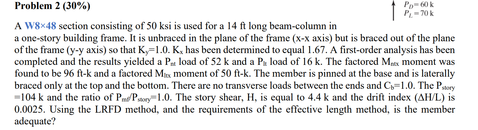 Solved Problem 1 (20%)For the braced beam-column shown, the | Chegg.com