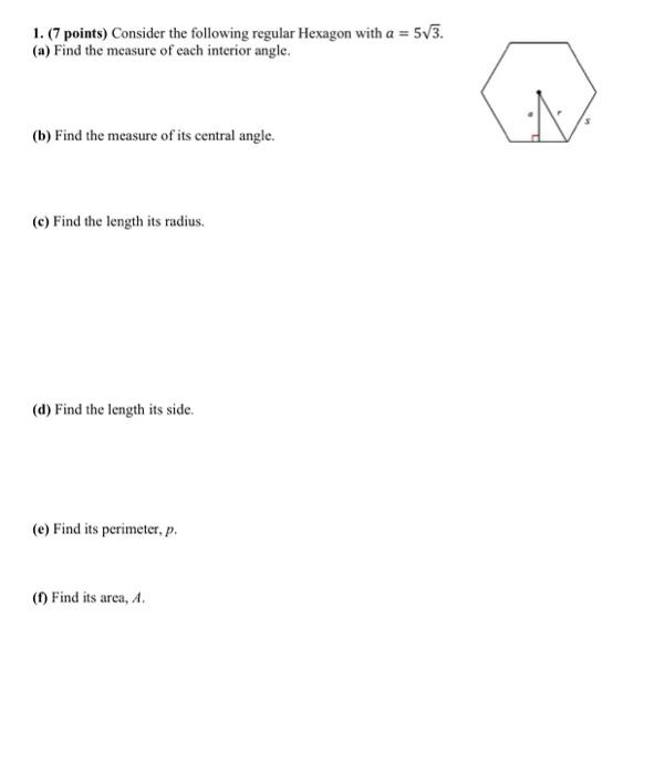 Solved 1. (7 points) Consider the following regular Hexagon | Chegg.com