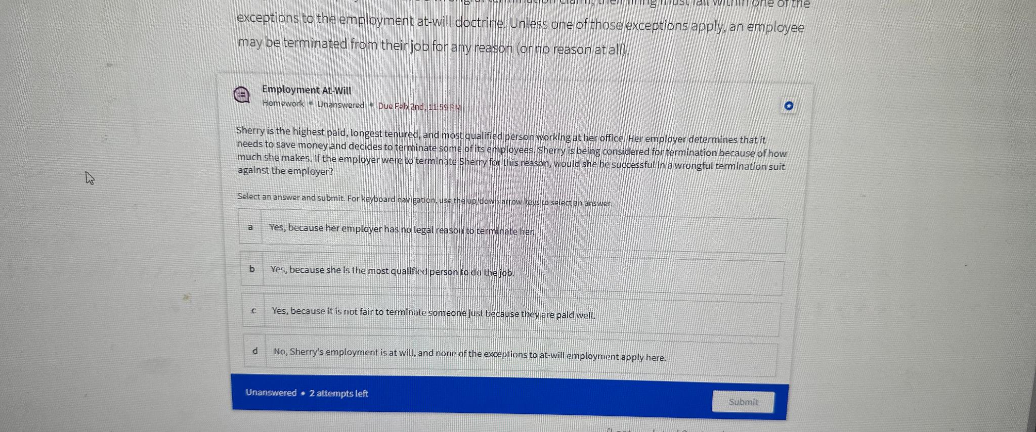 Solved exceptions to the employment at-will doctrine. Unless | Chegg.com