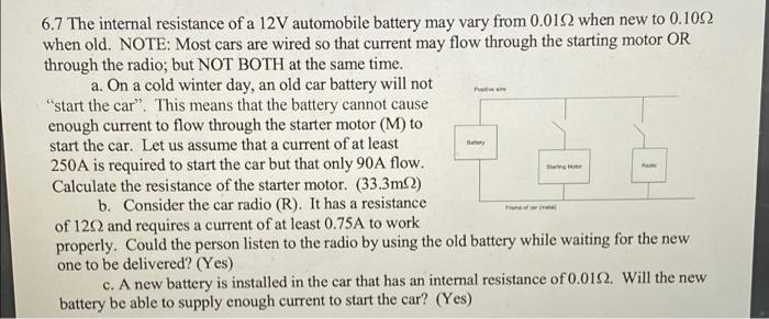 Solved 6.7 The internal resistance of a 12V automobile | Chegg.com