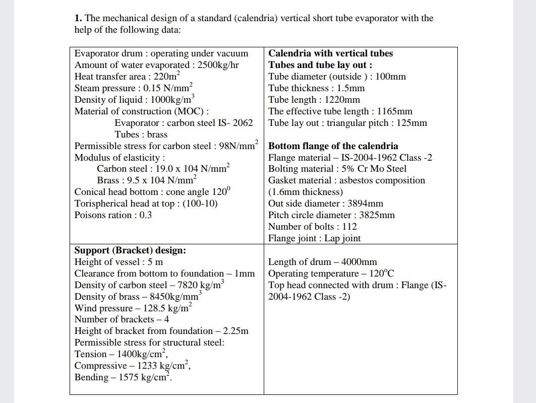Solved 1. The mechanical design of a standard (calendria) | Chegg.com