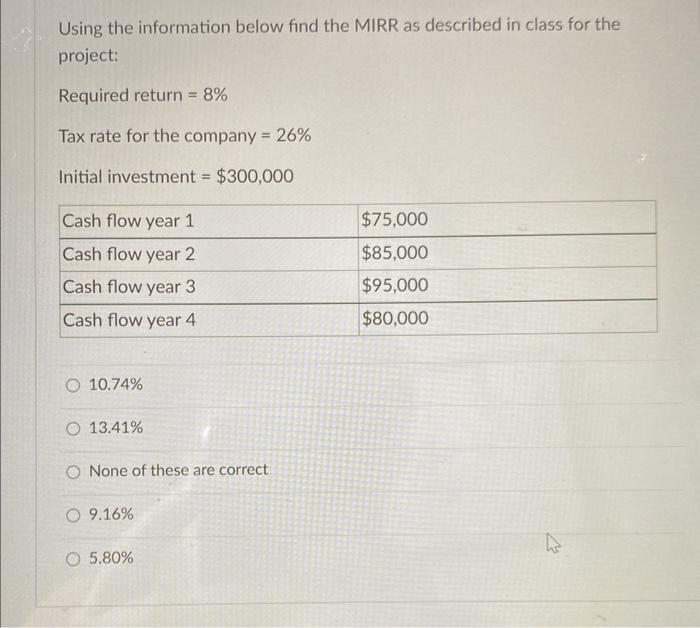 Solved Using the information below find the MIRR as | Chegg.com