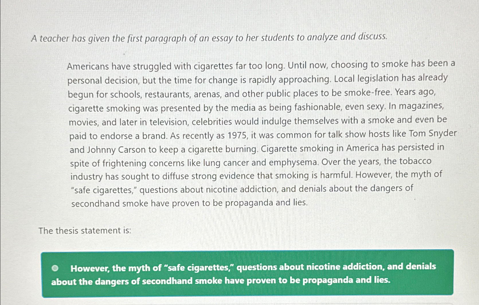 Solved A teacher has given the first paragraph of an essay | Chegg.com