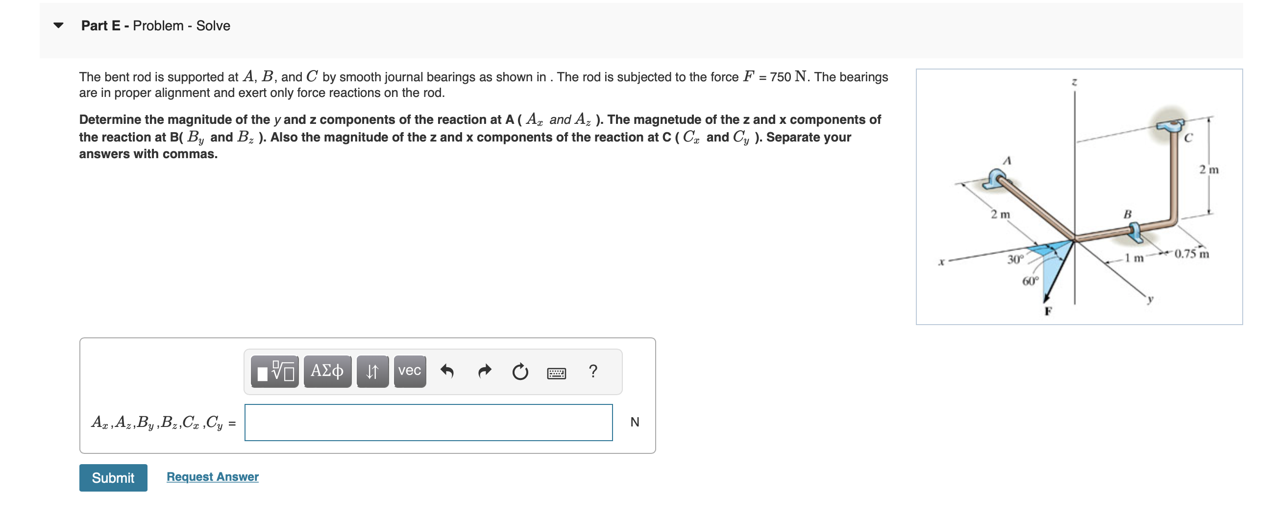 Solved Part E - ﻿Problem - ﻿SolveThe bent rod is supported | Chegg.com