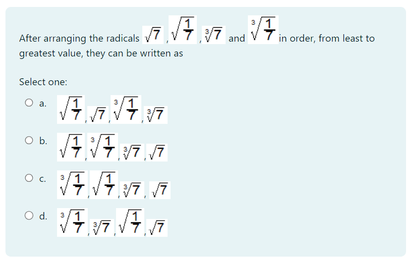 Solved After arranging the radicals 72,172,73 ﻿and 173 ﻿in | Chegg.com