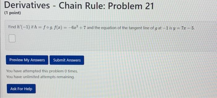 Solved Derivatives - Chain Rule: Problem 21 (1 point) Find | Chegg.com